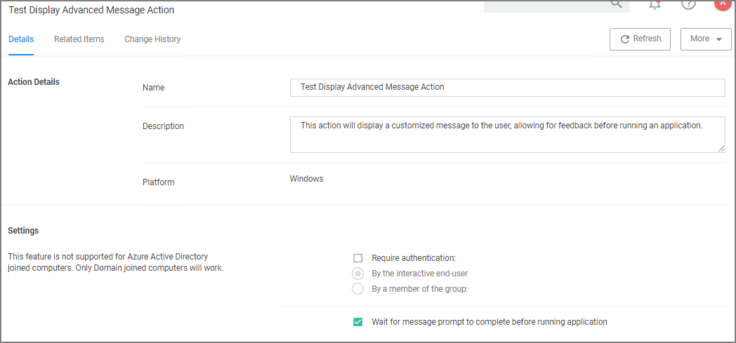 Display Advanced Message Action
