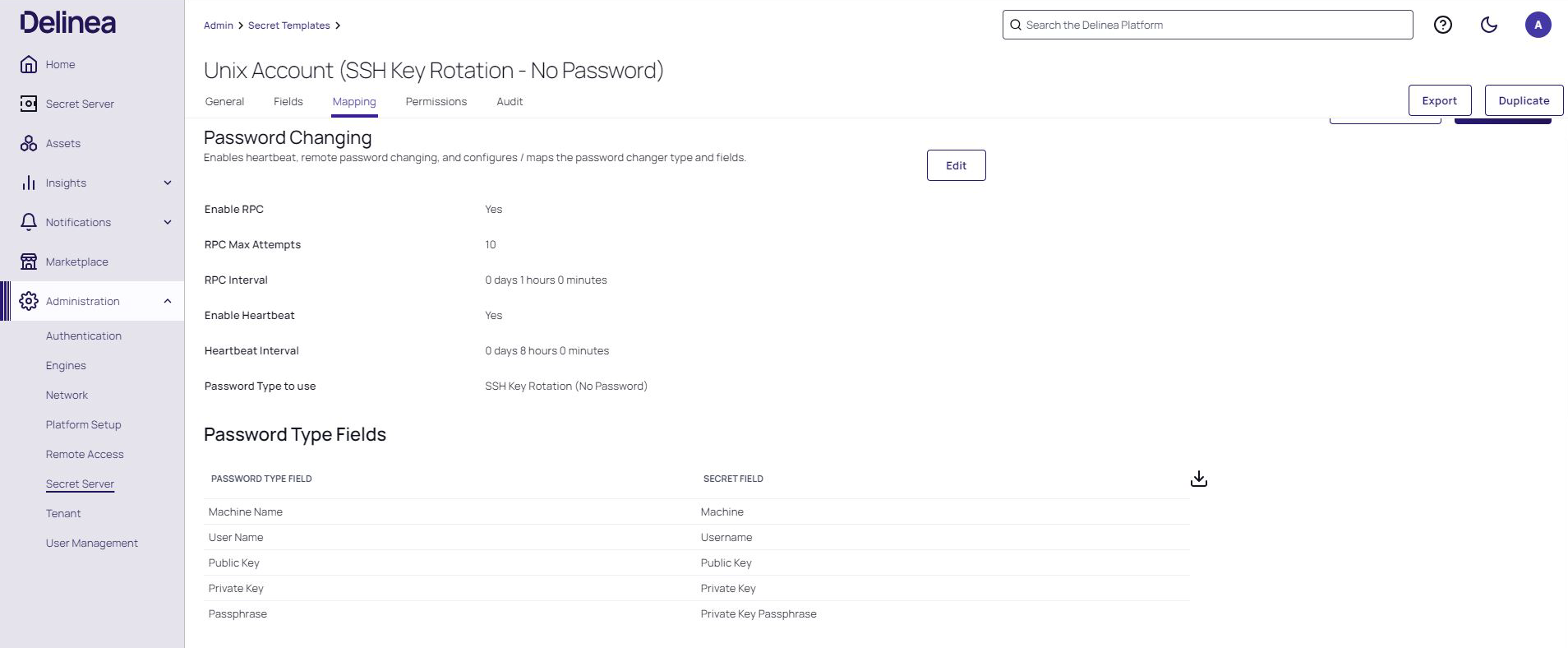 Unix Account (SSH Key Rotation - No Password) Secret Template for RPC